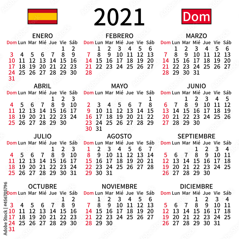 2021 year calendar. Simple, clear and big. Spanish language. Week ...