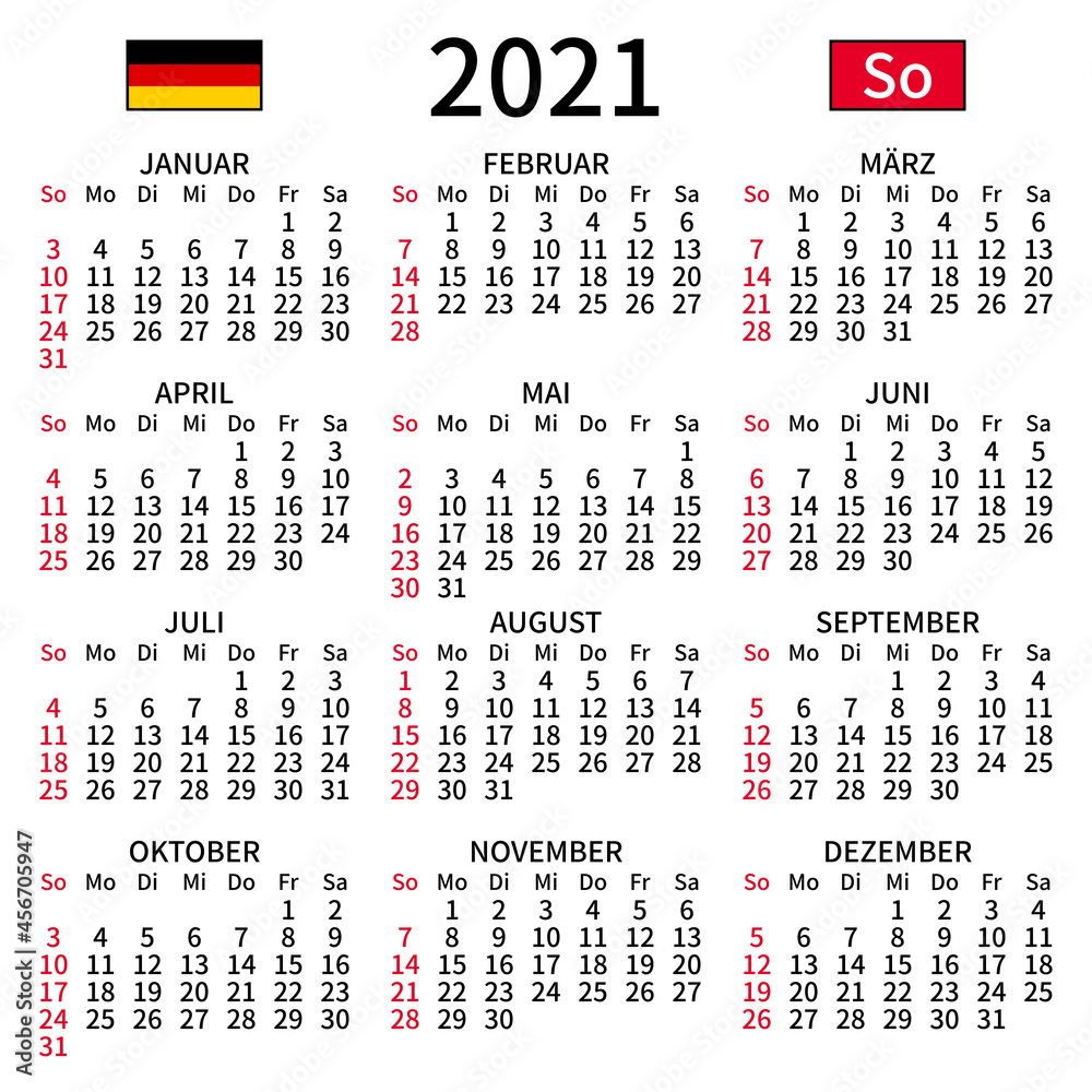 2021 year calendar. Simple, clear and big. German language. Week starts ...
