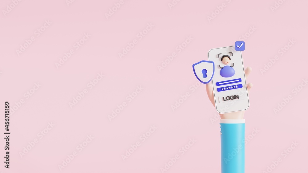 Cartoon hand, login, and face scan to an online account on a smartphone ...