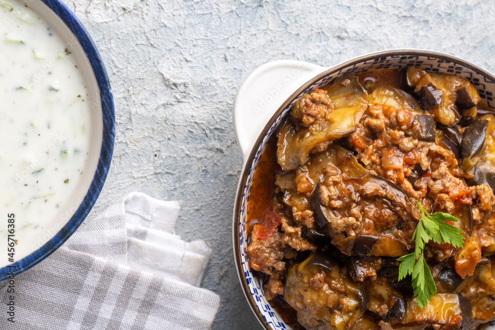 Traditional delicious Turkish food; eggplant moussaka (Turkish name ...