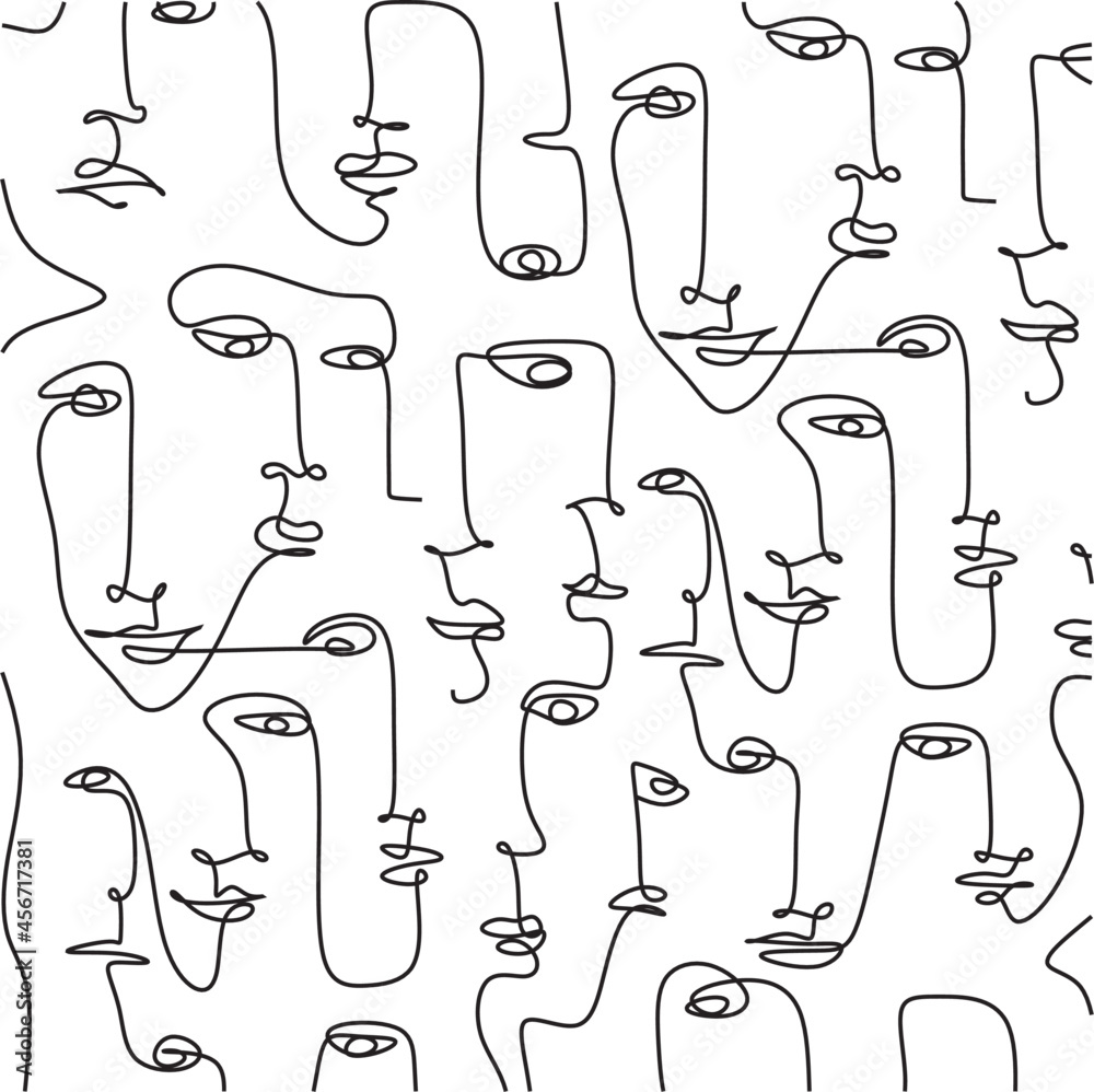 One Line Drawing Abstract Face Seamless Pattern Modern Minimalism Art