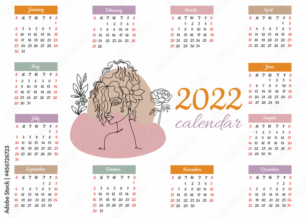 Continuous one line drawing of 2022 calendar template with abstract ...