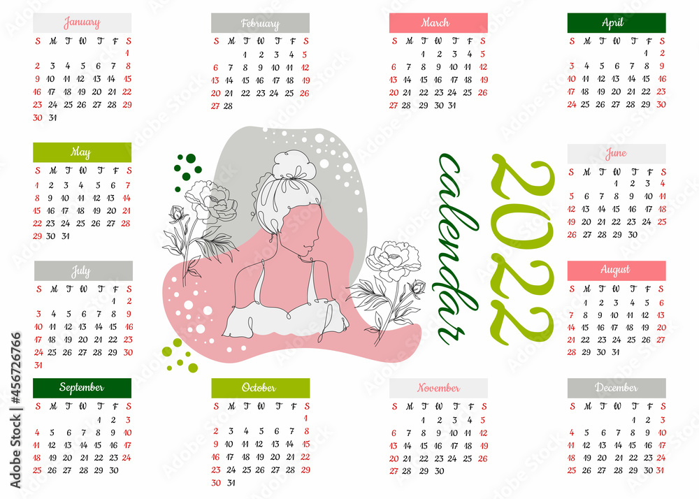 Continuous one line drawing of 2022 calendar date month holidays ...