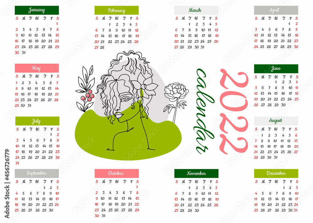 Continuous one line drawing of 2022 calendar date month holidays ...
