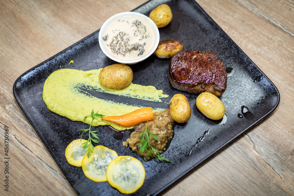 Seared beef filet with green pepper sauce (Filet de boeuf poêlé) Stock ...