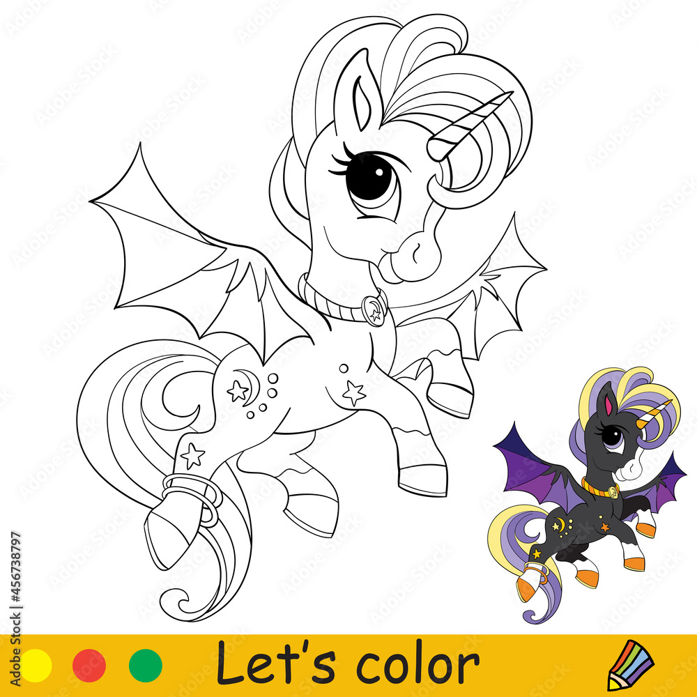 Cute unicorn with wings coloring book page Halloween Stock Vector ...