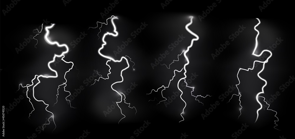 Vecteur Stock Lightnings storm. Realistic blitz electric sky lightning on black background with ...