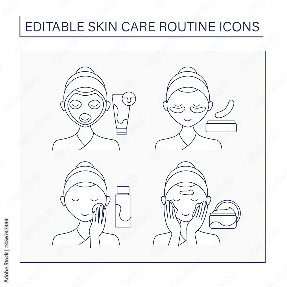 Skin care routine line icons set. Mask, eye patches, tonic and ...