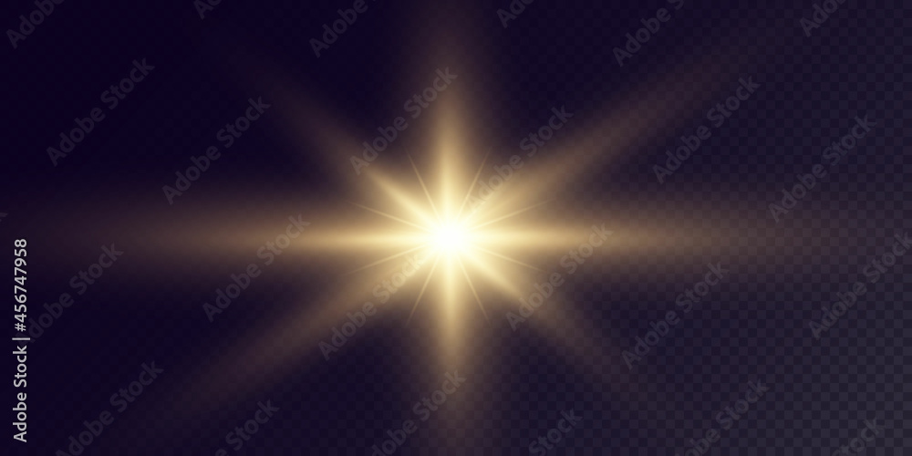 Light rays of light horizontal golden color with glare and flashes ...
