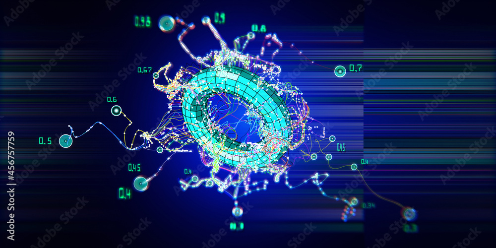 Abstract background with chaotic lines connecting dots of torus and blurred lines. Analytics ...