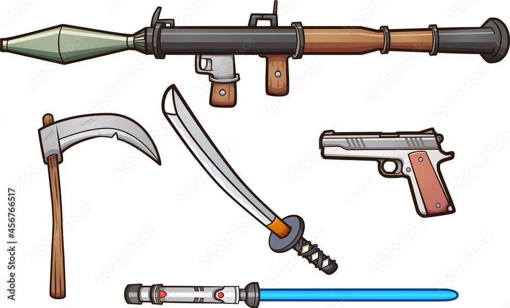 Assorted cartoon weapons. Vector clip art illustration with simple ...