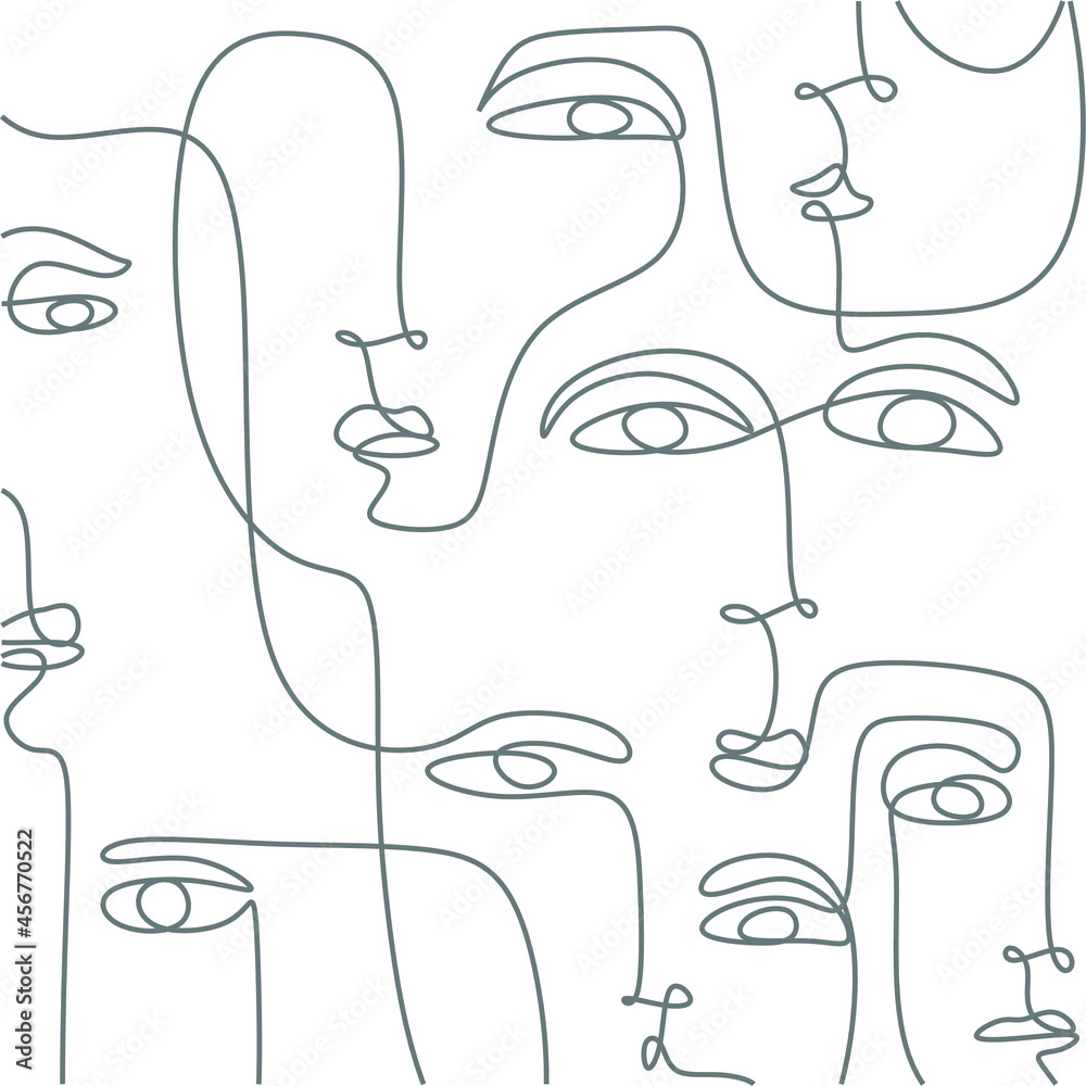 One Line Drawing Abstract Face Seamless Pattern Modern Minimalism Art