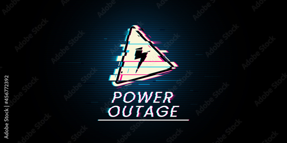 Banner of a power cut has a warning sign of electricity with a glitch ...