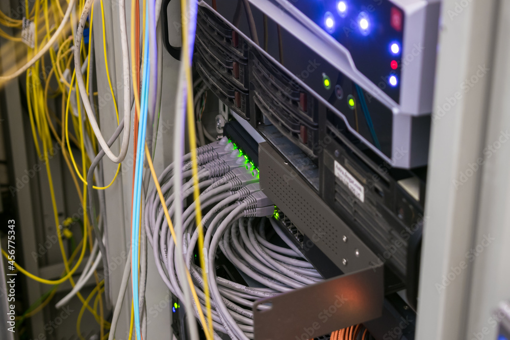 There is a rack with multimedia server equipment in the data center ...