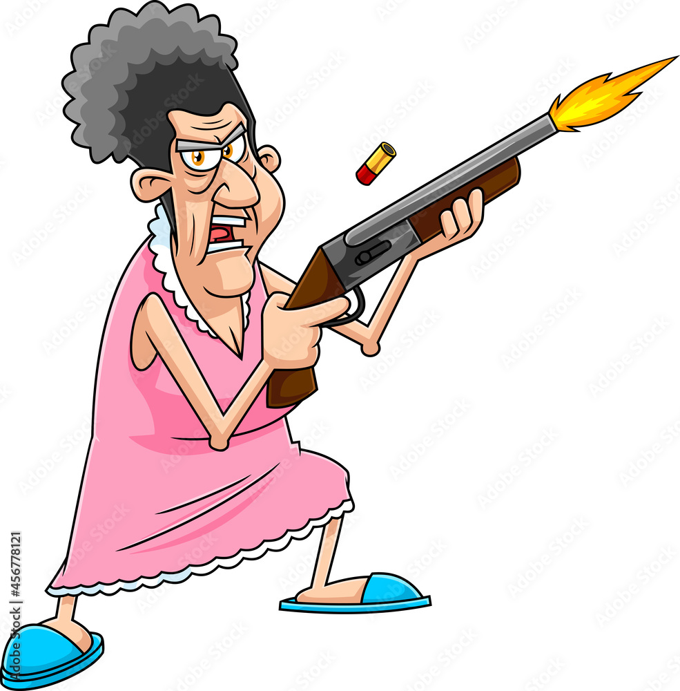Angry Grandmother Cartoon Character Shooting With A Rifle Pump. Vector ...