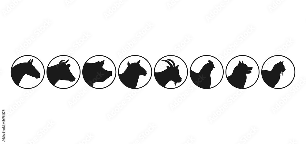 Farm animals silhouettes. Horse, cow, pig, goat, sheep, cat, dog ...