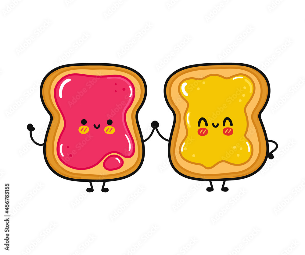 Cute, funny happy toast with jam and toast with honey character. Vector ...