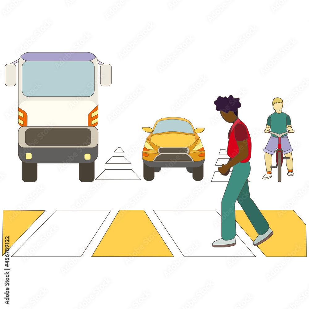 African-american pedestrian crossing the road with a bus and a car in ...