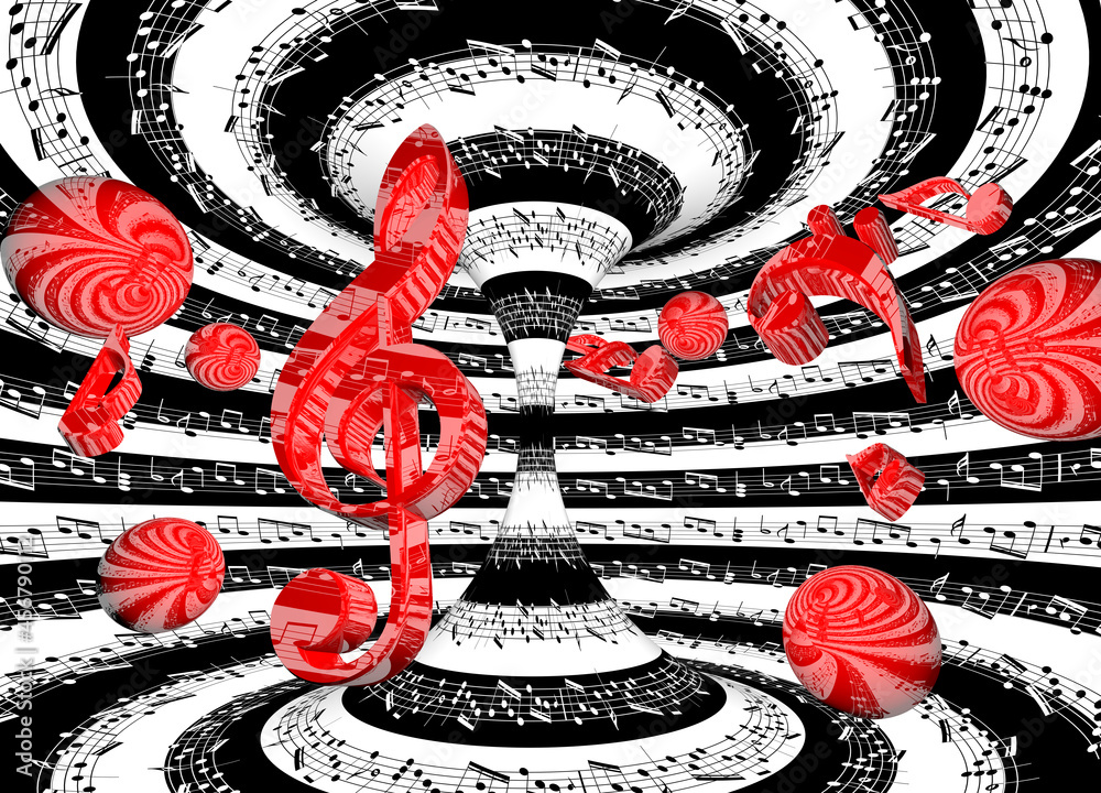 3d render of a spiral musical vortex with levitating musical red ...