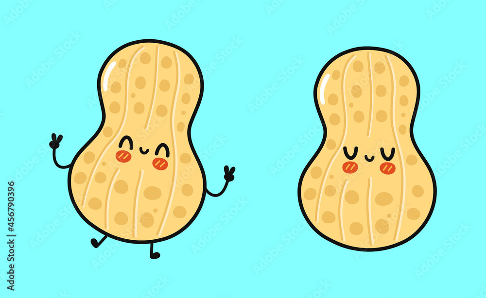 Funny cute happy Peanut characters bundle set. Vector kawaii line ...