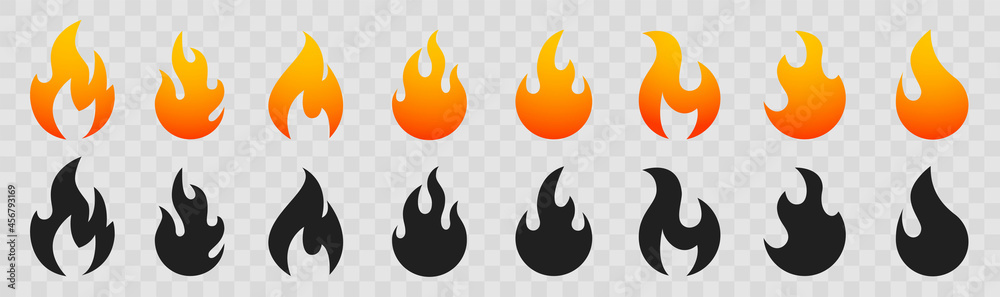 Fire icons for design. concept flame, fire, icon. Set of red and orange ...