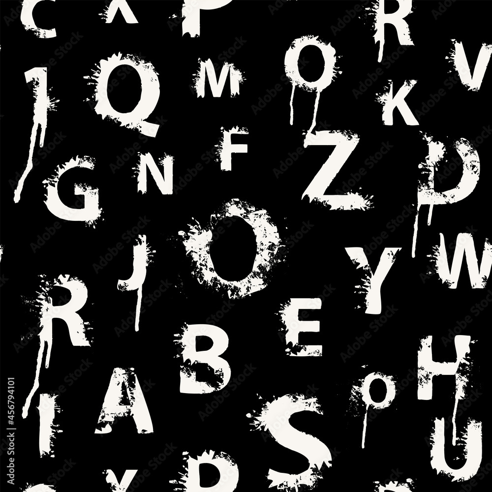 Seamless pattern with abstract letters in form of white paint blots and ...