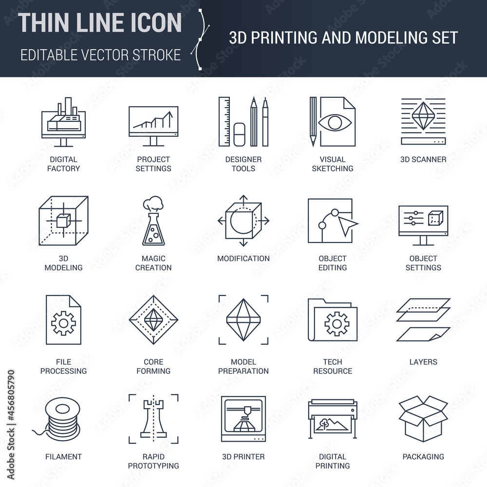 Icons Set of 3D Printing and Modeling. Premium Quality Outline Symbol ...