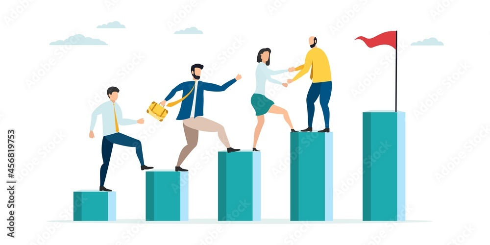 Employees giving hands and helping colleagues to walk upstairs. Team ...