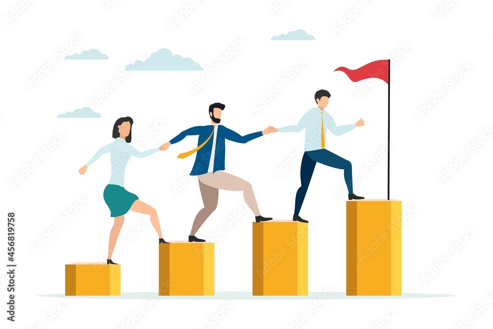 Employees giving hands and helping colleagues to walk upstairs. Team ...