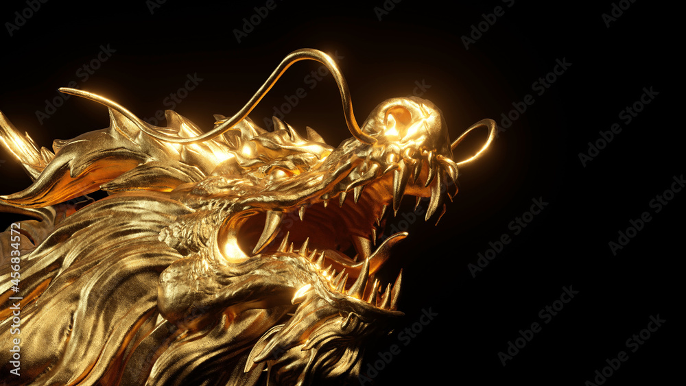 3D rendering of golden chinese glow dragon isolated on black background ...