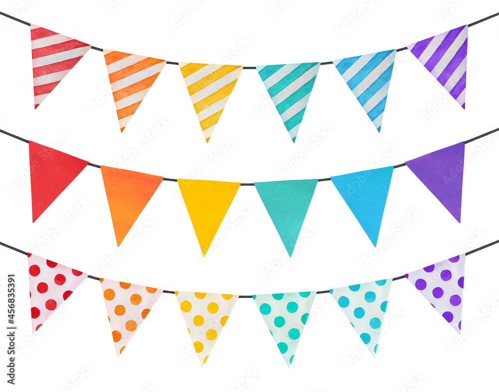 Watercolor illustration set of party garlands with rainbow colored ...