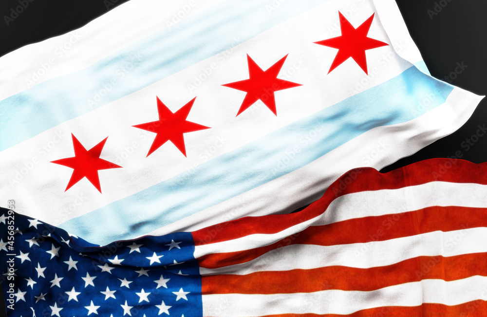 Flag of Chicago Illinois along with a flag of the United States of ...