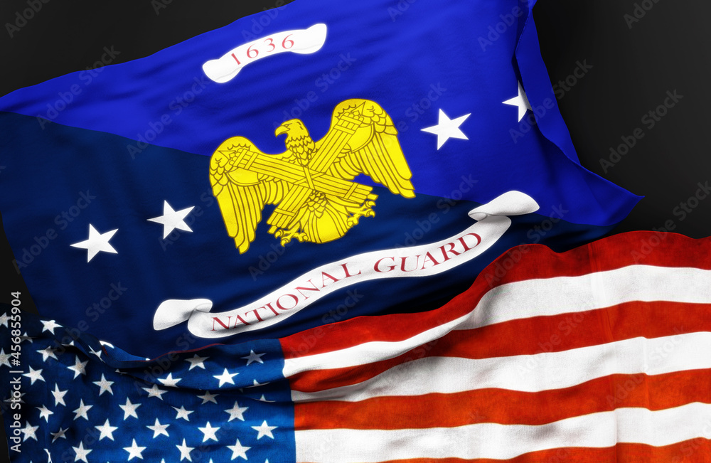 Flag of the National Guard Bureau along with a flag of the United ...