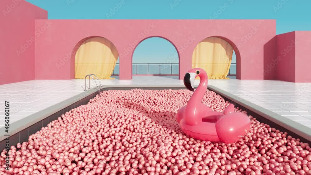 Inflatable tropical flamingo floating in the pool filled with thousands ...
