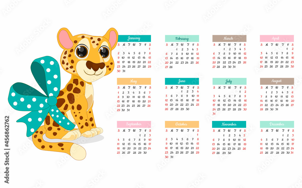 vector image kids calendar template for the year 2022 with cute cartoon ...