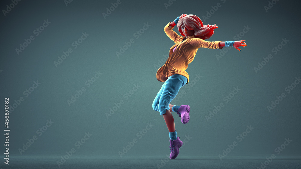 Woman dances on gray a background . Stylized character in motion. This ...