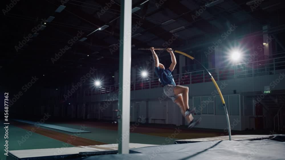 Pole Vault Jump: Professional Male Athlete Running with Pole Jumping ...