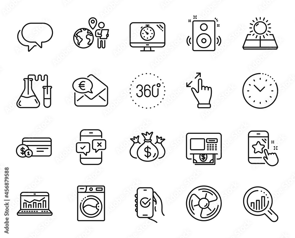 Vector set of 360 degrees, Time management and Approved app line icons set. Sun energy, Talk ...