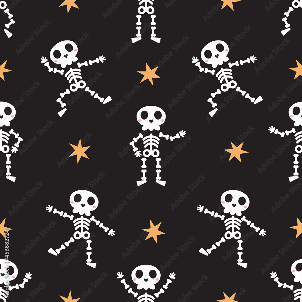 Cute dancing skeleton seamless pattern for Halloween. Flat vector ...