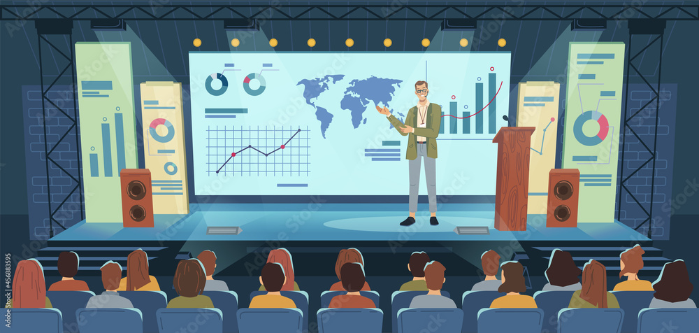 Modern stage, big screen, conference speaker and audience flat cartoon ...