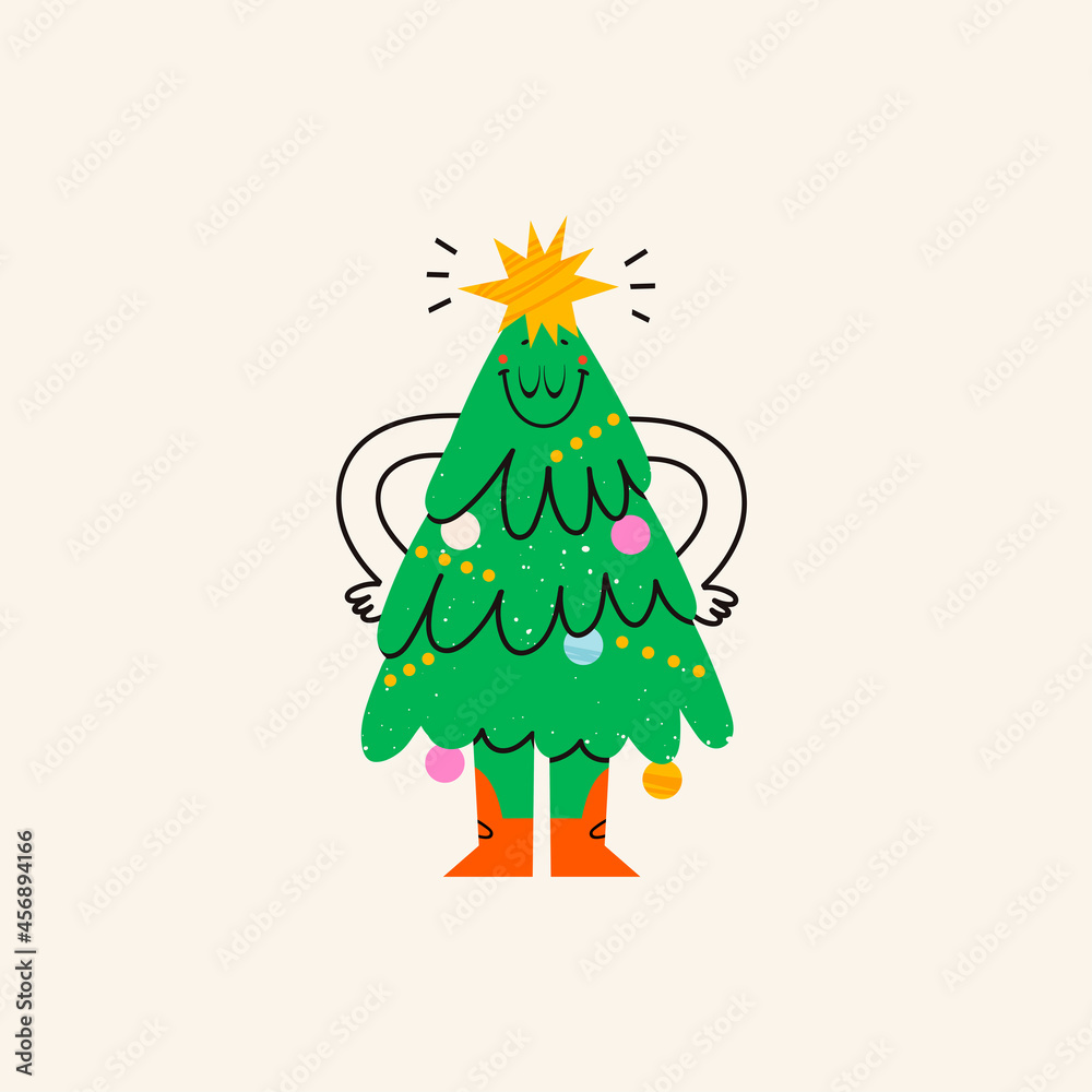 Cute Christmas Tree. Funny comic Character with smiling face. Happy ...