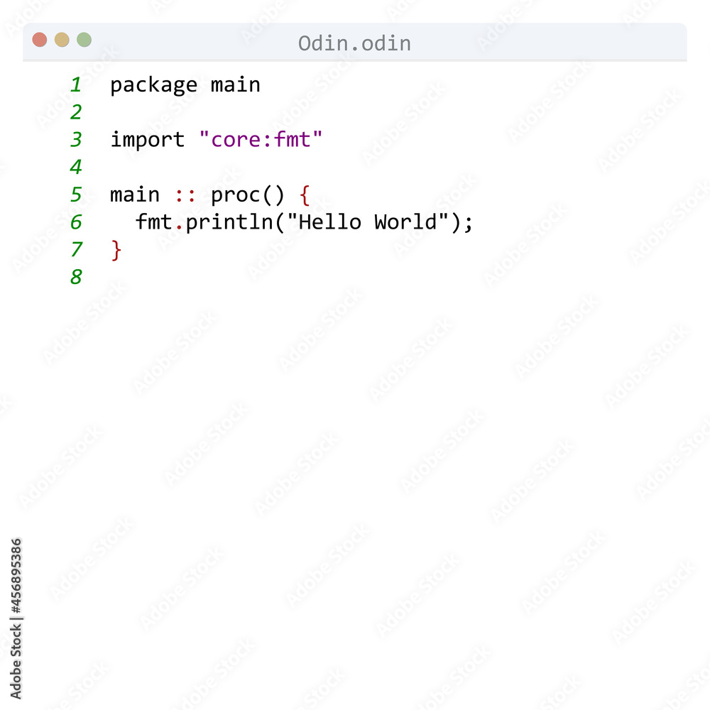 Odin language Hello World program sample in editor window Stock Vector ...