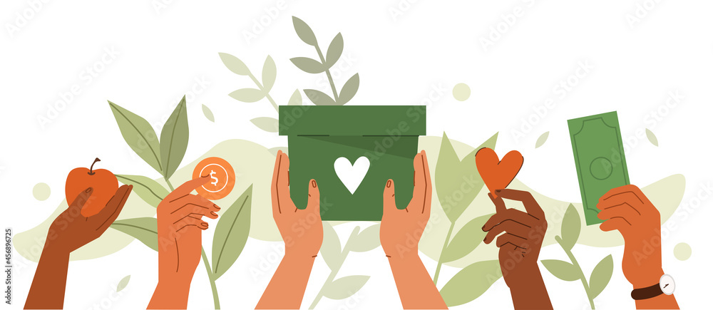 People hands holding donation box and donating money for charity ...