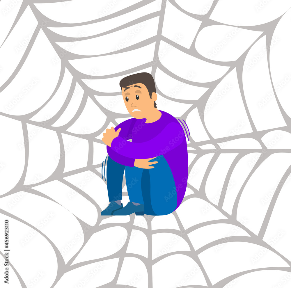 Fear of spider. Man frightened by spinner guy suffering from ...