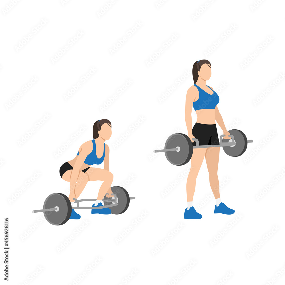 Woman doing Hex trap bar. Cage deadlifts. Squats exercise. Flat vector ...