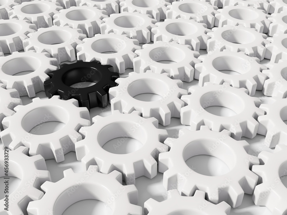 Black cog different from the others; many white connecting gear cogs ...