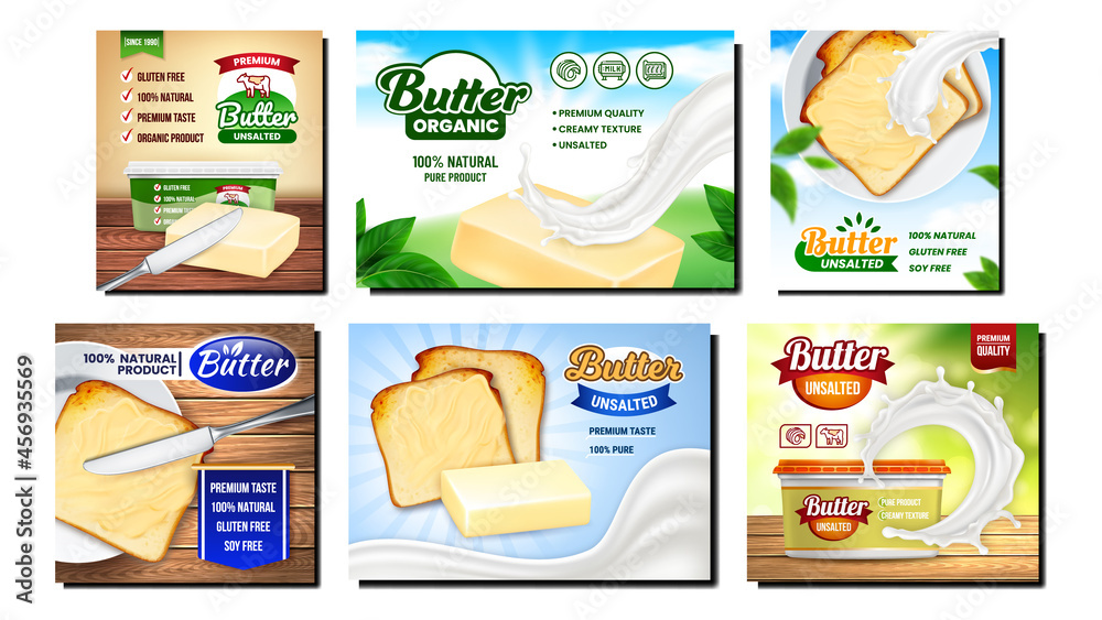Butter Creative Promotional Posters Set Vector. Butter Block And Blank ...