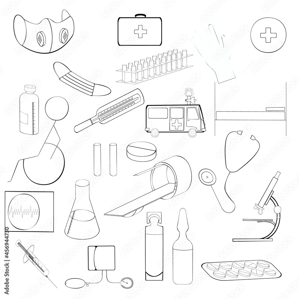 An outline jpeg illustration of medical symbols and icons isolated on ...
