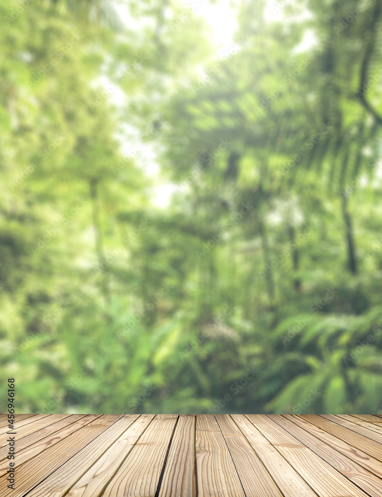 Empty rustic wood with jungle background blurred. Ready for put your ...