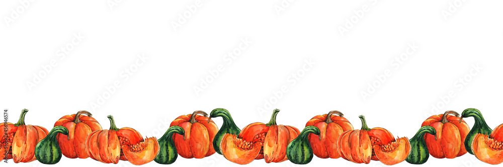 Watercolor seamless Border with Pumpkins for Thanksgiving Day Stock ...